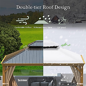 10'x12' Hardtop Gazebo, Wooden Coated Aluminum Frame Canopy with Galvanized Steel Double Roof, Outdoor Permanent Metal Pavilion with Curtains and Netting for Patio, Deck and Lawn(Wood-Looking)