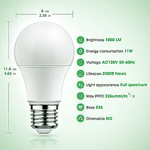 Briignite Grow Light Bulbs, Full Spectrum Grow Light Bulb, LED Grow Light Bulb A19 Bulb, Plant Light Bulbs E26 Base, 11W Grow Bulb 100W Equivalent, Grow Light for Indoor Plants, Seed Starting, 3 Pack