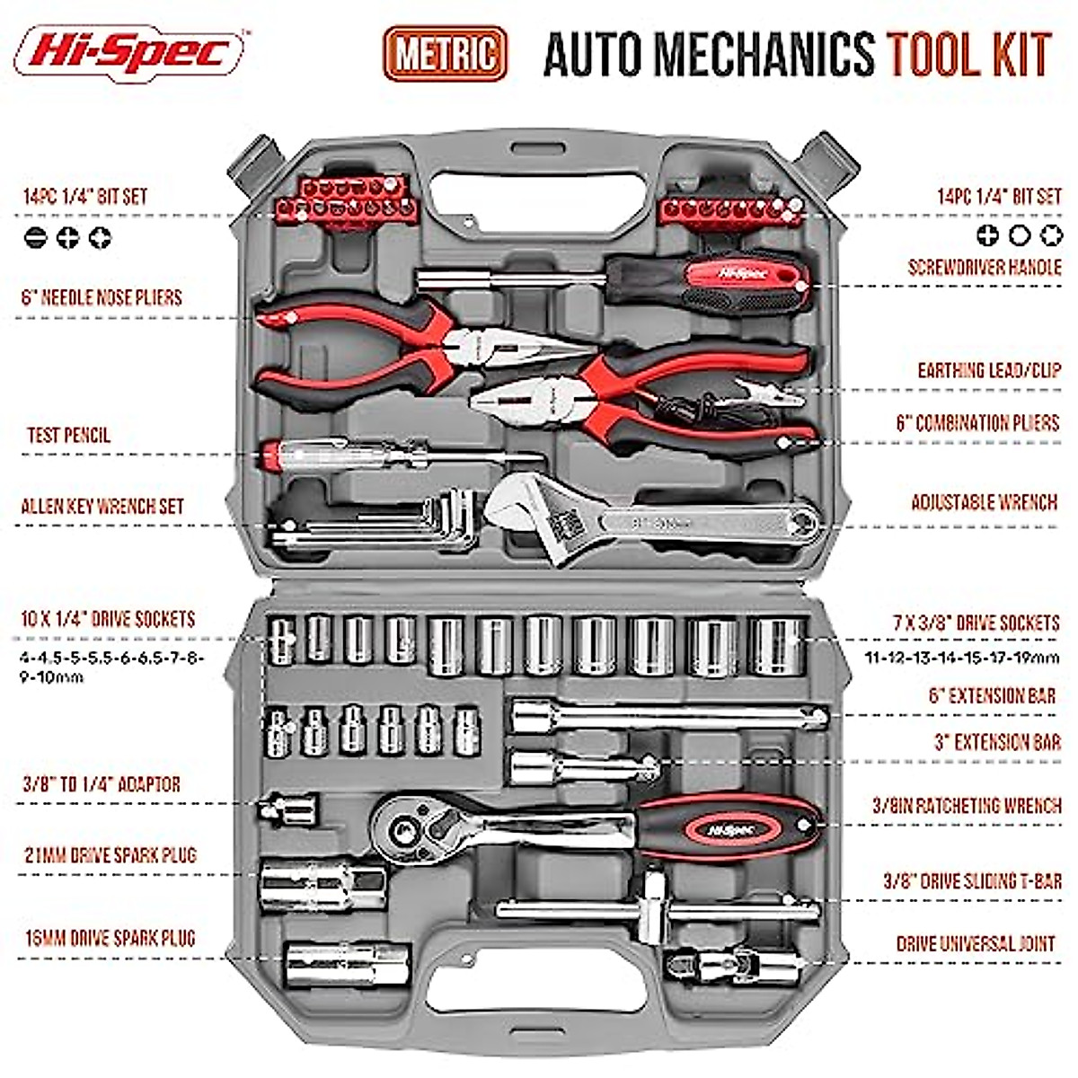 Hi-Spec Tools 67Pc Metric Auto Mechanic Tool Set, Motorcycle & Car Tool Kit, Auto Repair Tool Set with Pliers, Screwdriver Set, Socket Kit & Tool Box Storage Case for Cars, Trucks, Boats RVs & Jeeps.