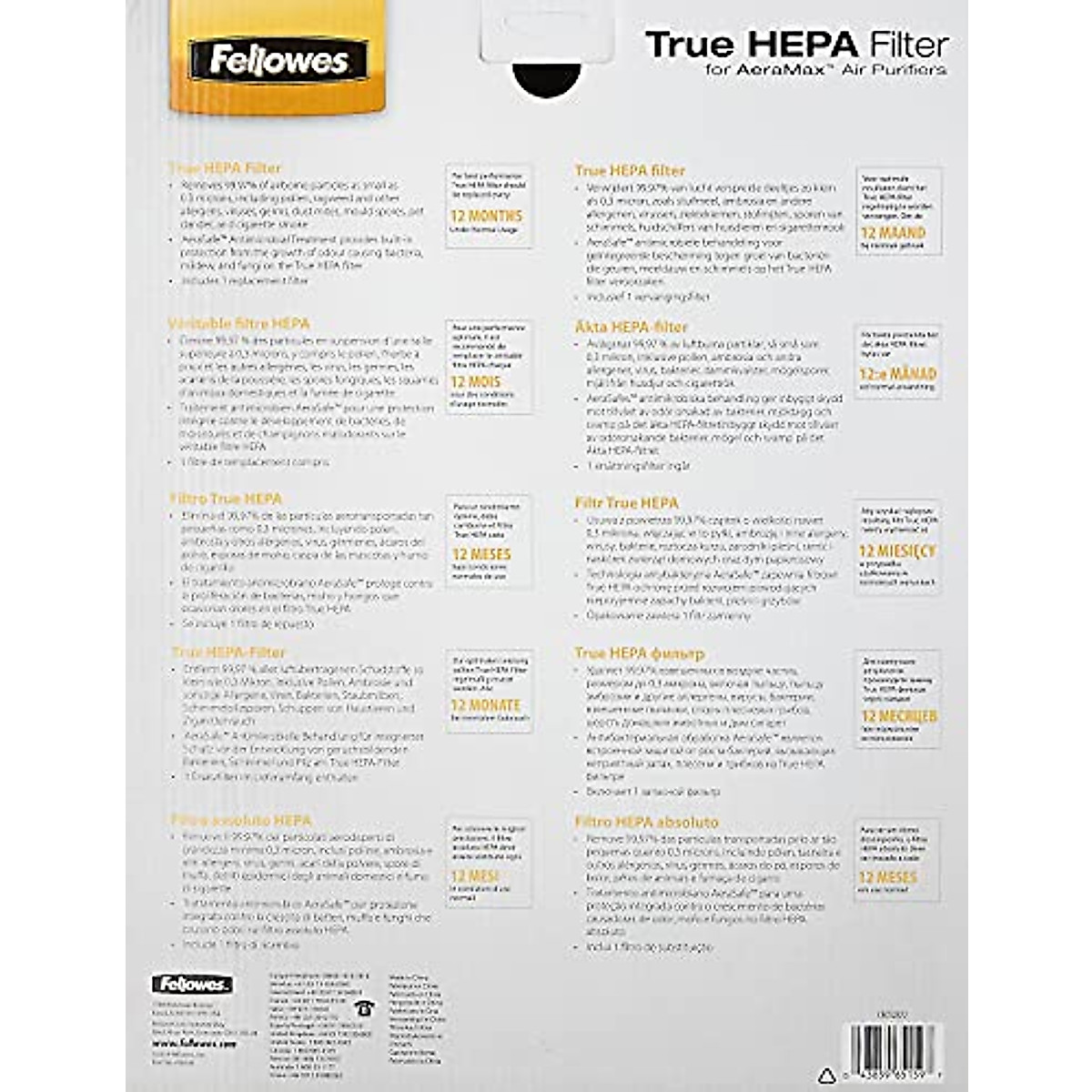 Fellowes AeraMax 290/300/DX95 Purifiers True HEPA Air Filter, 16.3" x 12.6" x 1.2", White, 9287201