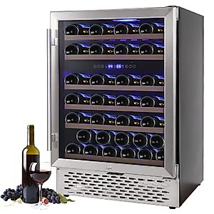Wine Cooler Refrigerator 51 Bottles Compressor Dual Zone Built-in or Freestanding Fridge with Seamless Stainless Steel & Triple-Layer Tempered Reversible Glass Door and Temperature Memory Function
