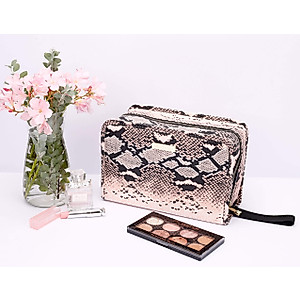 ROWNYEON Lipstick Organizer Bag Case Lipstick Holder 67 Slots Snake Print Portable Travel Makeup Bag Cosmetic Case Lipstick Carrying Case Makeup Storage Bag Case For Lip Gloss,Mascara-Pink PU Leather