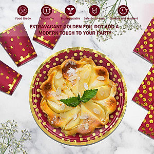 140 Pcs Burgundy & Gold Party Supplies - Gold Dot Disposable Dinnerware - Paper Plates, Napkins, Cups, Plastic Forks, Knives, Spoons for Christmas, Wedding, Graduation Decoration
