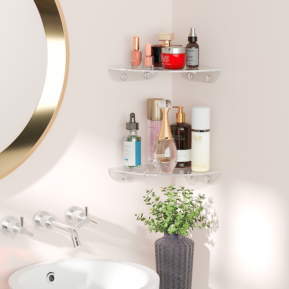 Sezanrpt 7x7 Inch Corner Shelf Wall Mount Set of 2, Acrylic Corner Floating Shelves, Clear Corner Wall Organizer Shelf for Bathroom, Kitchen, Bedroom, Living Room, Dining Room, Office