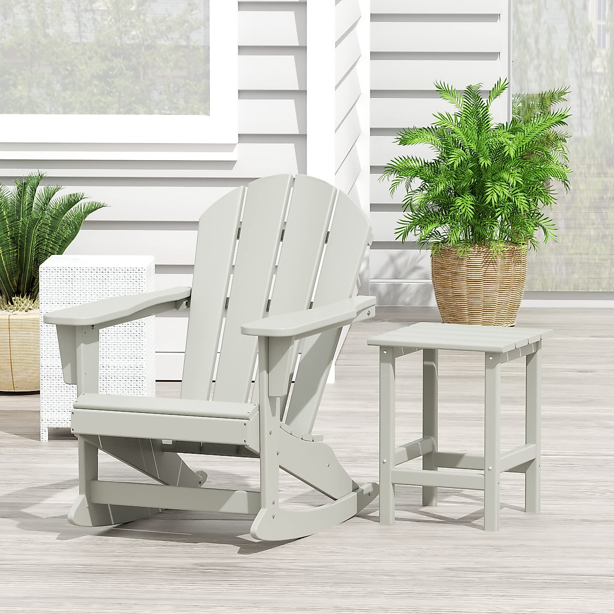 WestinTrends Malibu 3 Piece Outdoor Rocking Chair Set, All Weather Poly Lumber Porch Patio Adirondack Rocking Chair Set of 2 with Side Table, Sand
