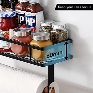 KES Paper Towel Holder with Shelf Storage Wall Mount, Adhesive Paper Towel Holder with Spice Holder for Kitchen, Hanging Spice Rack, Matte Black, KPH506DF-BK