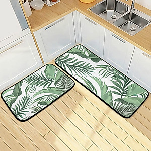 Palm Leaf Tropical Plant Kitchen Rugs and Mats 2 Pieces Anti Fatigue Kitchen Rug Set Non-Slip Bath Mat Entry Floor Carpet Entrance Door Mat Runner 20"x28"+20"x47"