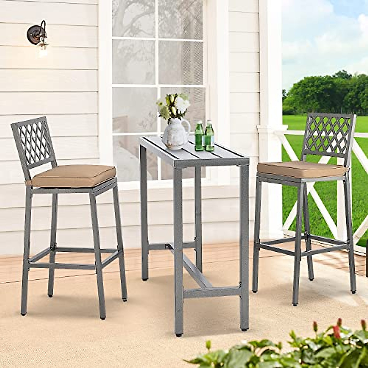 ONLYCTR Outdoor Bar Chairs and Table, Metal Outdoor Bar Set, 3 Piece Patio Bar Table Set with Bar Stools & Cushions for Backyard, Porch, Bistro, Balcony (Gray, 55" Table, 2 X-Back stools)