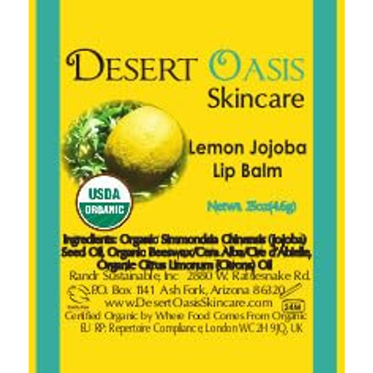 2-Pack Organic Lemon Lip Balm - USDA Certified Organic, 70% Organic Jojoba Oil, Organic Beeswax, Soothes and Softens Dry, Cracked, and Sensitive Lips, Natural Lemon Scent No Taste. 0.15 oz/4.6 gm