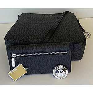 Michael Kors MICHAEL Michael Kors Jet Set Travel Large Messenger Crossbody bundle with Trifold Wallet Purse Hook (Signature MK Vanilla)