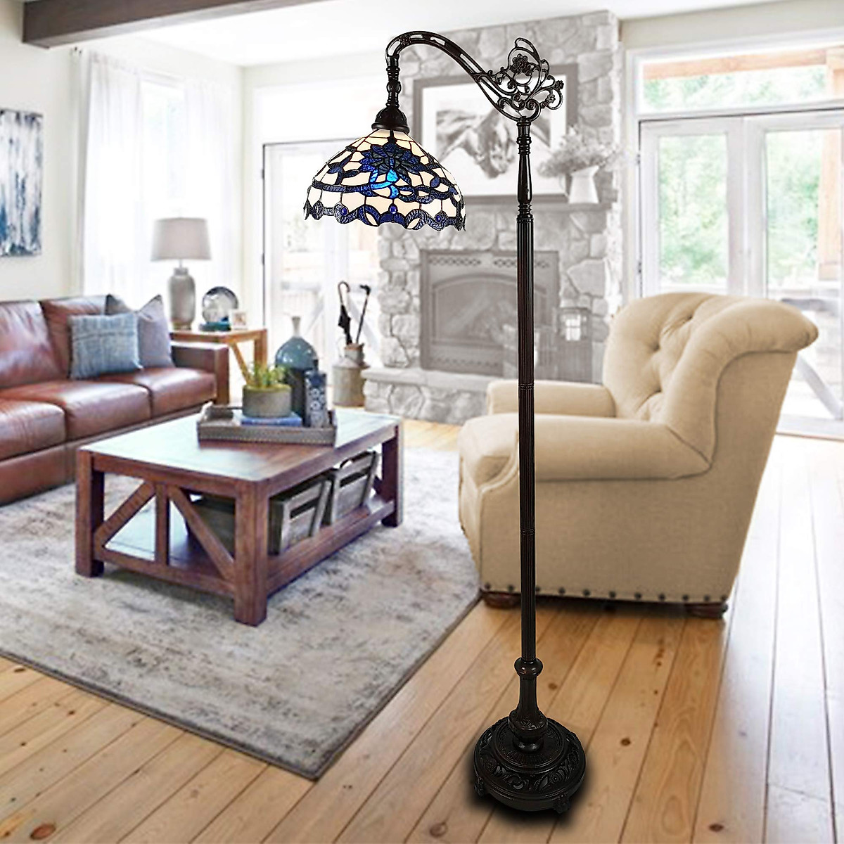 Warehouse of Tiffany TF473-FL12 Vinn 11-inch Blue/White Flower Design Glass/Bronze Tiffany-Style Reading Floor Lamp