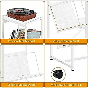 Record Player Stand with Vinyl Storage Night Stand with Power Outlets Vinyl Record Storage Stand On Wheels White Turntable Stand for Living Room Bedroom, Large Capacity, White