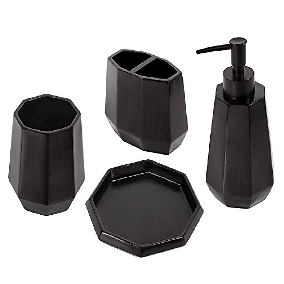MyGift 4 Piece Modern Matte Black Resin Bathroom Accessories Set with Multifaceted Design Includes Soap Dish, Tumbler, Toothbrush Holder and Pump Dispenser