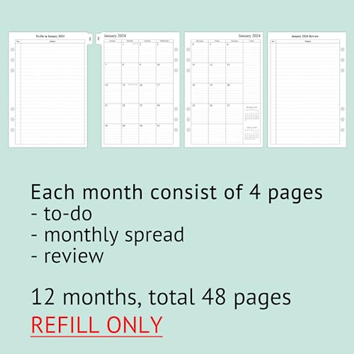 2024 Monthly Planner Refill for A5 Binder, Two Page Per Month, January 2024 - December 2024, 5.6"x8.25", 6-Hole Punched