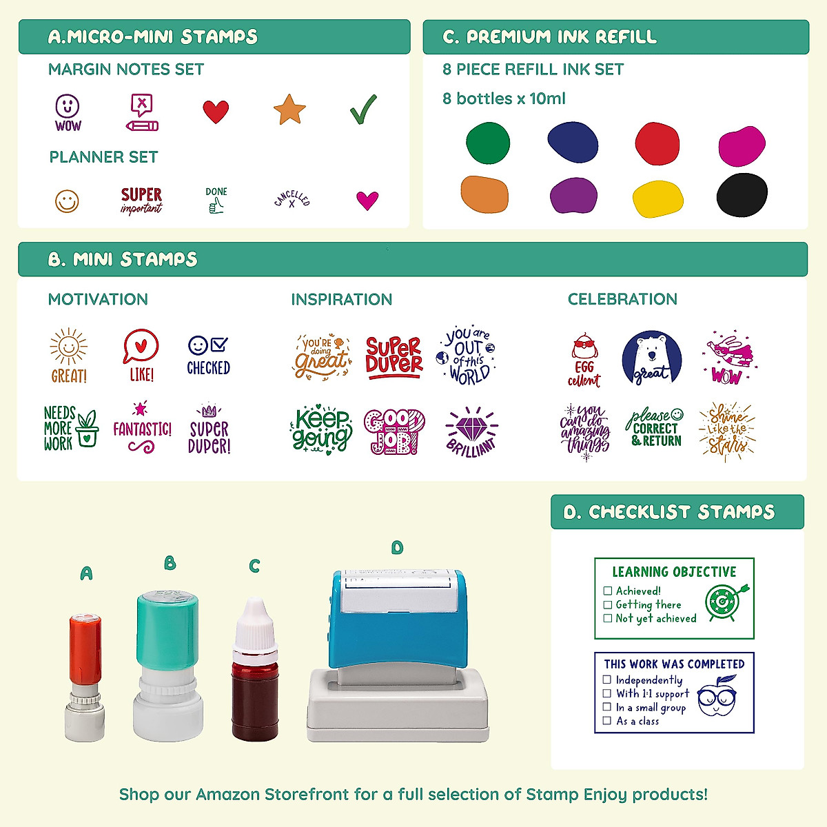 Stamp Enjoy - 6 Self-Ink Flash Stamp Set, Multicolor Teacher Stamps, Office Stationery Stamps, Pre-Inked, Refillable Stamps (Celebration Set)