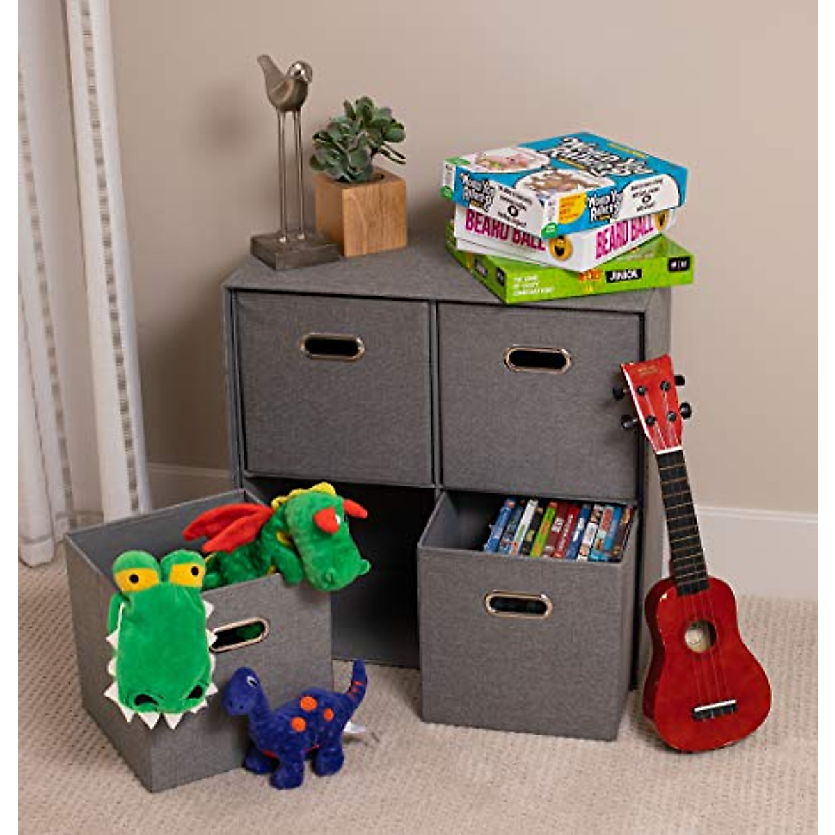 BIRDROCK HOME Grey Linen Cube Organizer with 4 Storage Bins – Collapsible Fabric Shelves and Cubes