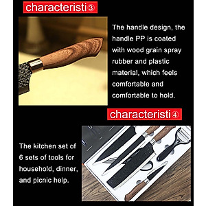 Generic Stainless Steel Kitchen Knife Set, 6 Pieces, Forged Black Nonstick Blades, INZO_PRO6