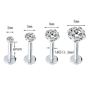 Injoy Jewelry 16G Stainless Steel 2-5mm Round Cubic Zircon Lip Studs Labret Monroe Nose Tragus Helix Ear Piercing Jewelry 6mm Bar Length, 4 Pairs