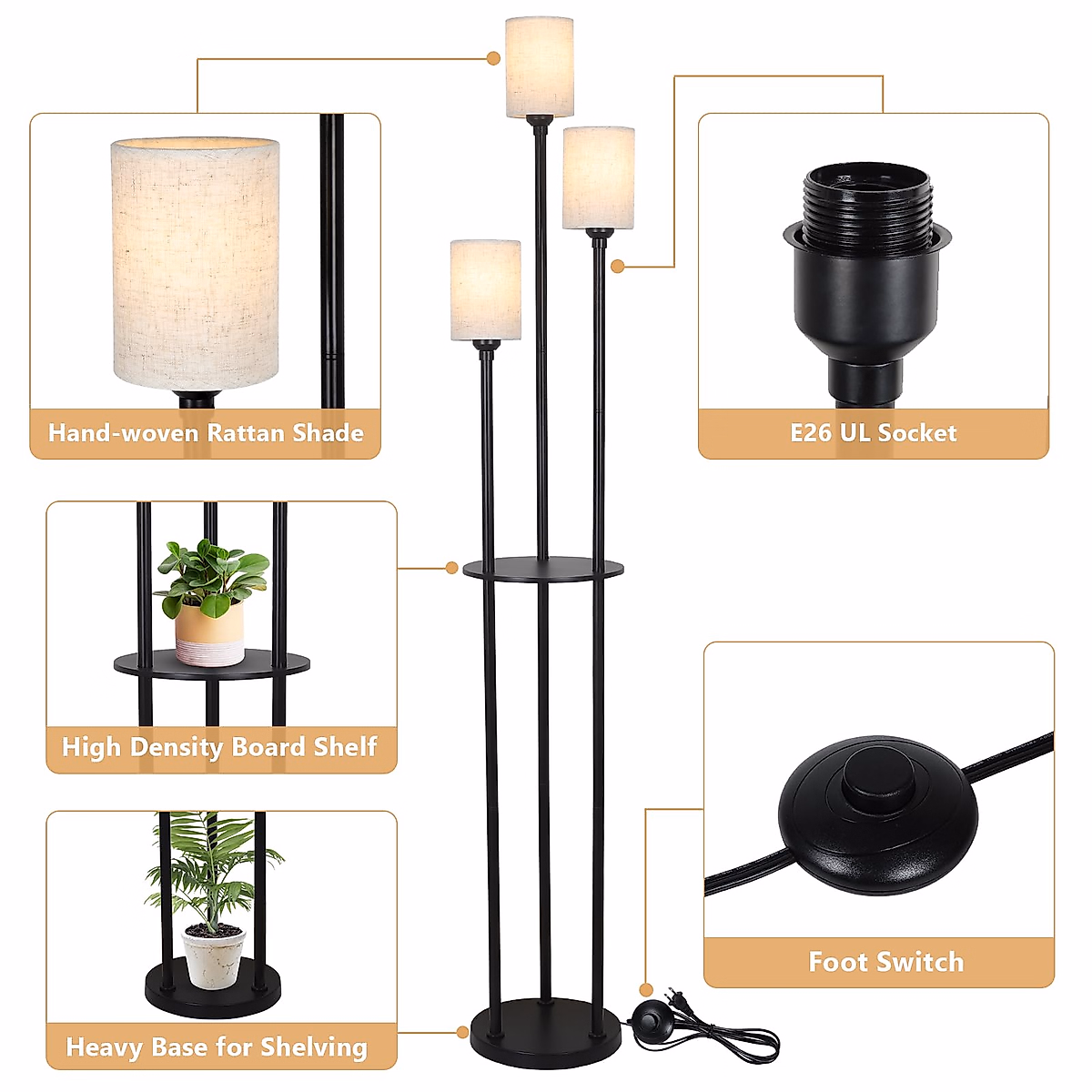 Stepeak Floor Lamp with Shelves, Modern Floor Lamps for Living Room, 3-Lights Standing Lamp with Linen Shade and Foot Switch, Industrial Standing Lamps for Bedroom, Black Tall Table Lamp for Office