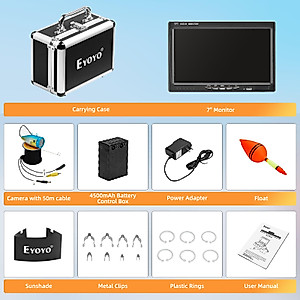 Eyoyo Portable Underwater Fishing Camera Waterproof 1000TVL Video Fish Finder 7 inch LCD Monitor 12pcs IR Infrared Lights for Ice Lake and Boat Fishing (50m Cable)