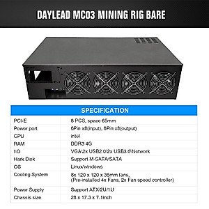 DAYLEAD Mining Rig Case 8 GPU Mining Case with Mining Motherboard Support 8 Cooling Fans(4 Preinstalled) for BTC/ETH/ZEC GPU Mining Rig (Without GPU, PSU)