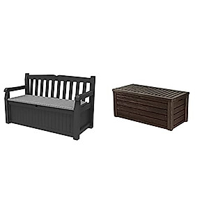 Keter Solana 70 Gallon Storage Bench Deck Box Grey & Westwood 150 Gallon Resin Large Deck Box-Organization and Storage for Patio Furniture Outdoor Cushions Garden Tools and Pool Toys Brown