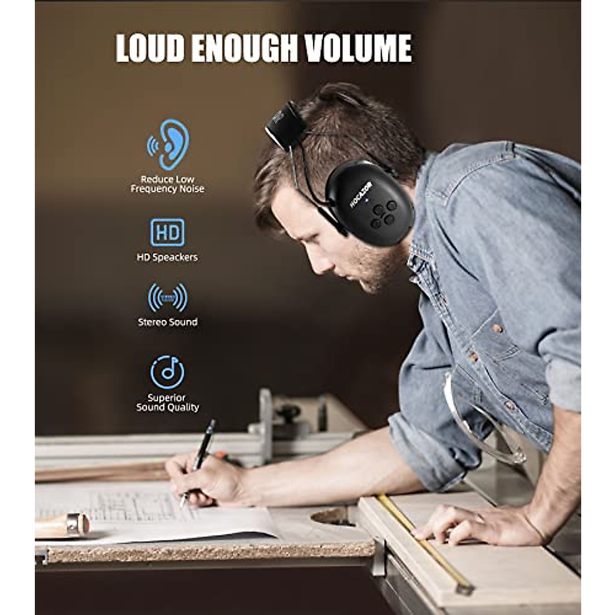Hocazor HZ07 Upgrade Bluetooth 5.3 Hearing Protection - NRR 25dB Noise Cancelling Earmuffs 40 Hours+ Playing Time with 1500mAh Rechargeable Battery for Mowing, Workshops, Black