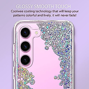 Coolwee Clear Glitter for Samsung Galaxy S23 Plus Case Thin Flower Slim Cute Crystal Lace Bling Sparkle Floral Hard Plastic Cover Back Soft TPU Bumper Protective Mandala Henna Anti Yellowing