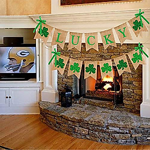 St. Patrick's Day Decorations Burlap Lucky Banner Glitter Shamrock Banner Green Clover Lucky Irish Party Banner for St. Patrick's Day Party, Green Theme Party, Spring Holiday Party Supplies
