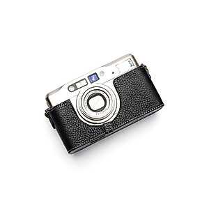 Contax TVS II Case, BolinUS Handmade Genuine Real Leather Half Camera Case Bag Cover for Contax TVS II Camera with Hand Strap (Black)