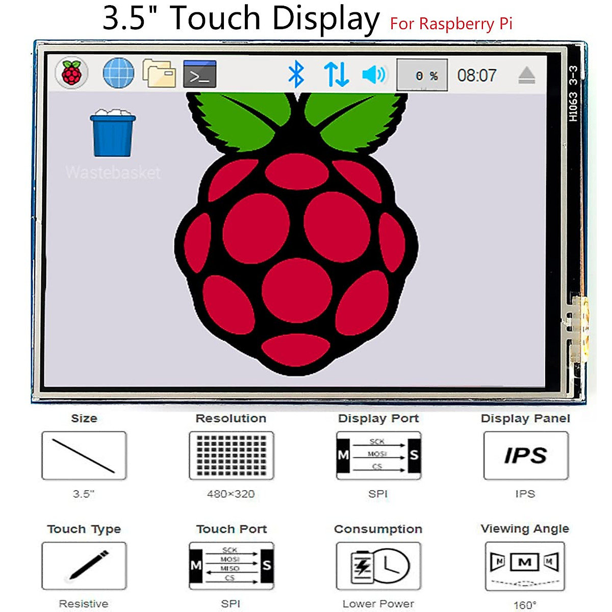 waveshare 3.5 inch Resistive Touch Screen IPS LCD 480x320 Hardware Resolution XPT2046 Controller for Any Revision of Raspberry Pi (4B/3B+/3B/2B/A+/B+)