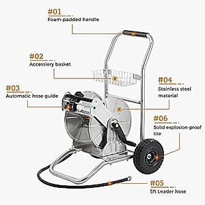 Giraffe Tools Stainless Steel Hose Reel, Hose Reel Cart With Wheels, Heavy Duty Water Hose Reel, 150-Feet 5/8" Hose Capacity for Outside Garden & Yard
