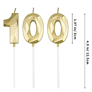 100th Birthday Candles for Cake, Gold Number 100 3D Diamond Shaped Candle Birthday Decorations Party Supplies