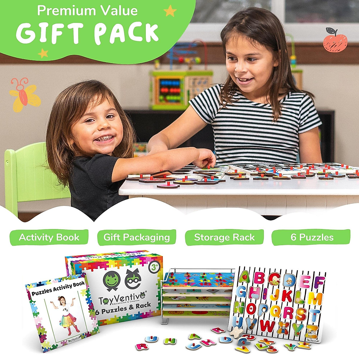 TOYVENTIVE Wooden Peg Puzzles for Toddlers – 6 Pack with Wire Puzzle Holder Rack for Kids, Learning Preschool Wood Knob Puzzle Toys for Boys and Girls - Alphabet Number Animal Vehicle Shape Fruit