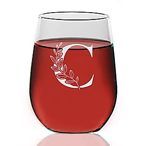 Floral Monogram ' C ' Wine Glass - Letter A-Z Engraved - Stemless Wine Glass - Gifts For Dad - Mother's Day - Gift For Mom - Gifts For Coworkers