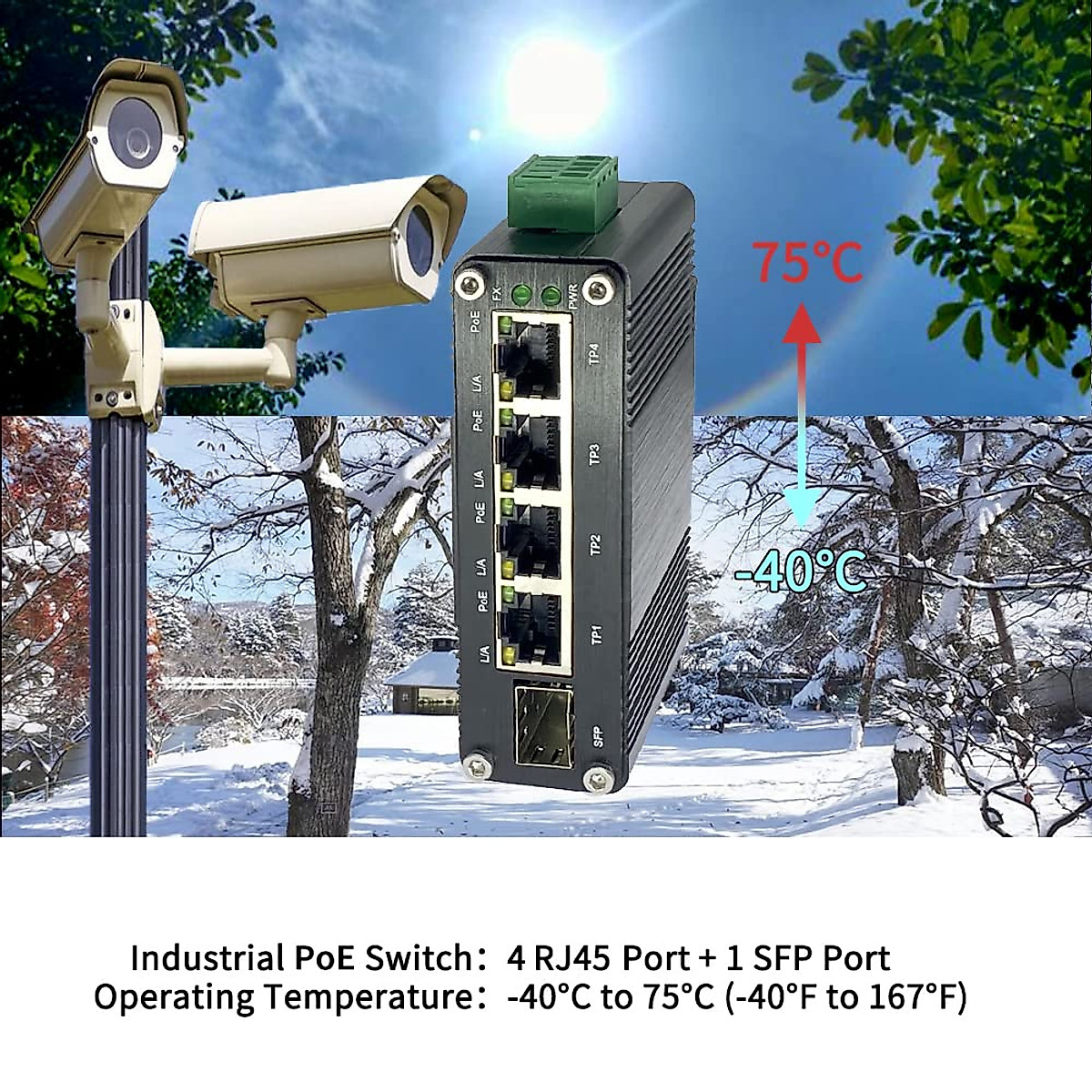 Star Route Mini Industrial 4 Port 10/100/1000Mbps Gigabit Ethernet POE + Switch with SFP Din Rail/Wall-Mount 10/100/1000BASE-T RJ45 1 100/1000FX (SFP) Support 12-48V DC, 3.74x2.76x1.15in