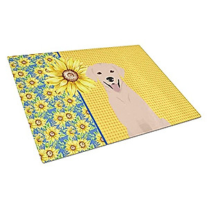 Caroline's Treasures WDK5442LCB Summer Sunflowers Yellow Labrador Retriever Glass Cutting Board Large Decorative Tempered Glass Kitchen Cutting and Serving Board Large Size Chopping Board