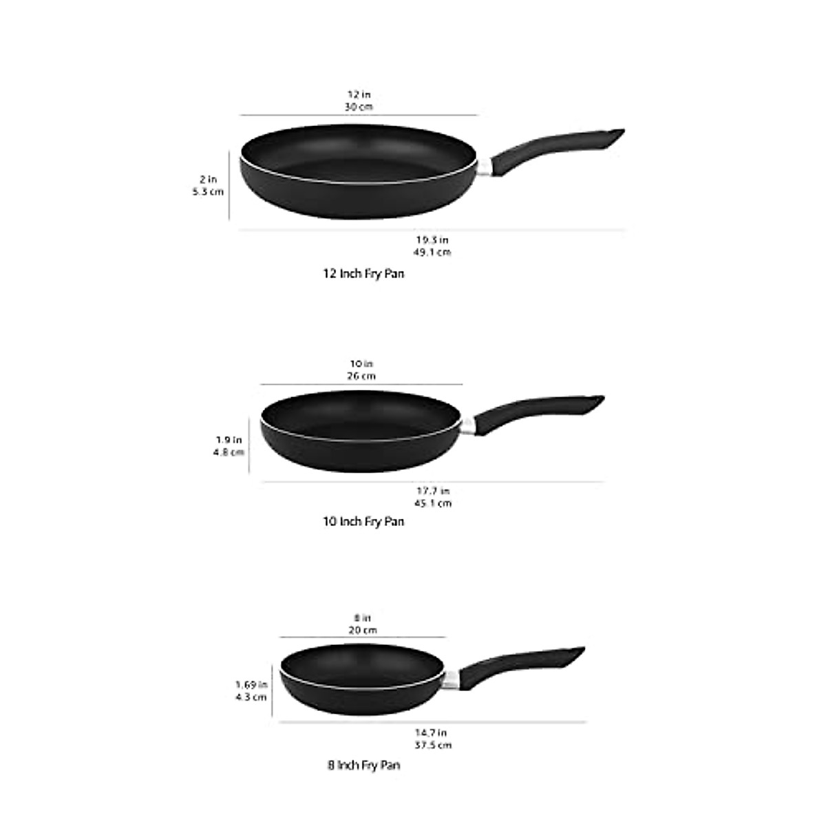 Amazon Basics 3-Piece Non-Stick Frying Pan Set - 8 Inch, 10 Inch & 12 Inch, Black