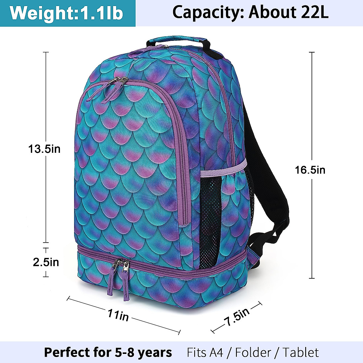 DIPUG Kids School Backpack for Boys and Girls, Mermaid Toddler Bookbag with Lunch Box Compartment