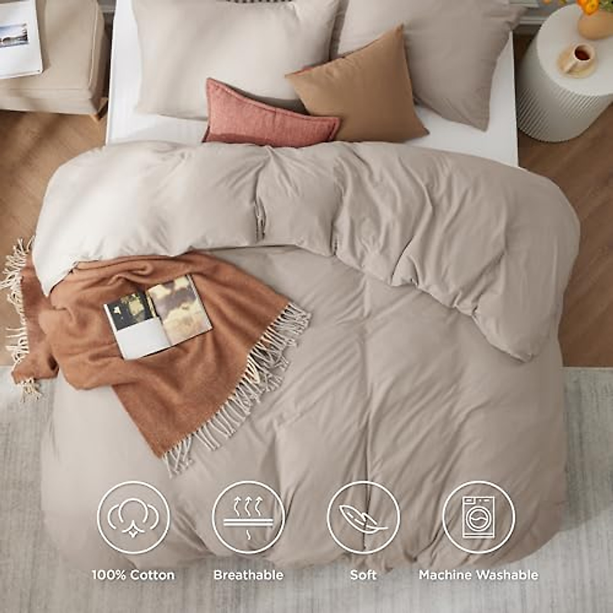 Bedsure 100% Jersey Knit Cotton Duvet Cover Queen Size - Ultra Soft T-Shirt Cotton Bedding Set, Includes 1 Duvet Cover 90x90 Inches with Zipper Closure & 2 Pillowcases (Tannish Linen)