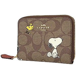 COACH X Peanuts Small Zip Around Wallet In Signature Canvas With Snoopy Woodstock Print Style No. CE704 Khaki