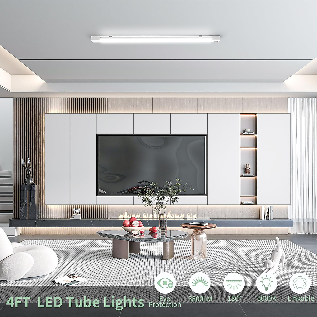 Airand 5000K Plug in Ceiling Light, 4FT Linkable LED Shop Light with ON/Off Switch, 36W 3600LM Garage Light Fixture, IP66 Waterproofing Tube Light for Bathroom, Workshop, Office, Basement