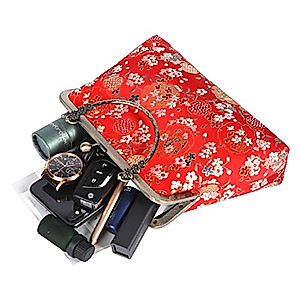 Abuyall Floral Satchel Purse Crossbody Tote Bags Kiss Lock Handbag Flower Vintage Shoulder Bag for Women Red-flower