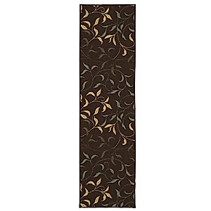 Machine Washable Leaves Design Non-Slip Rubberback 3x10 Traditional Runner Rug for Hallway, Kitchen, Bedroom, Living Room, 2'7" x 9'10", Brown