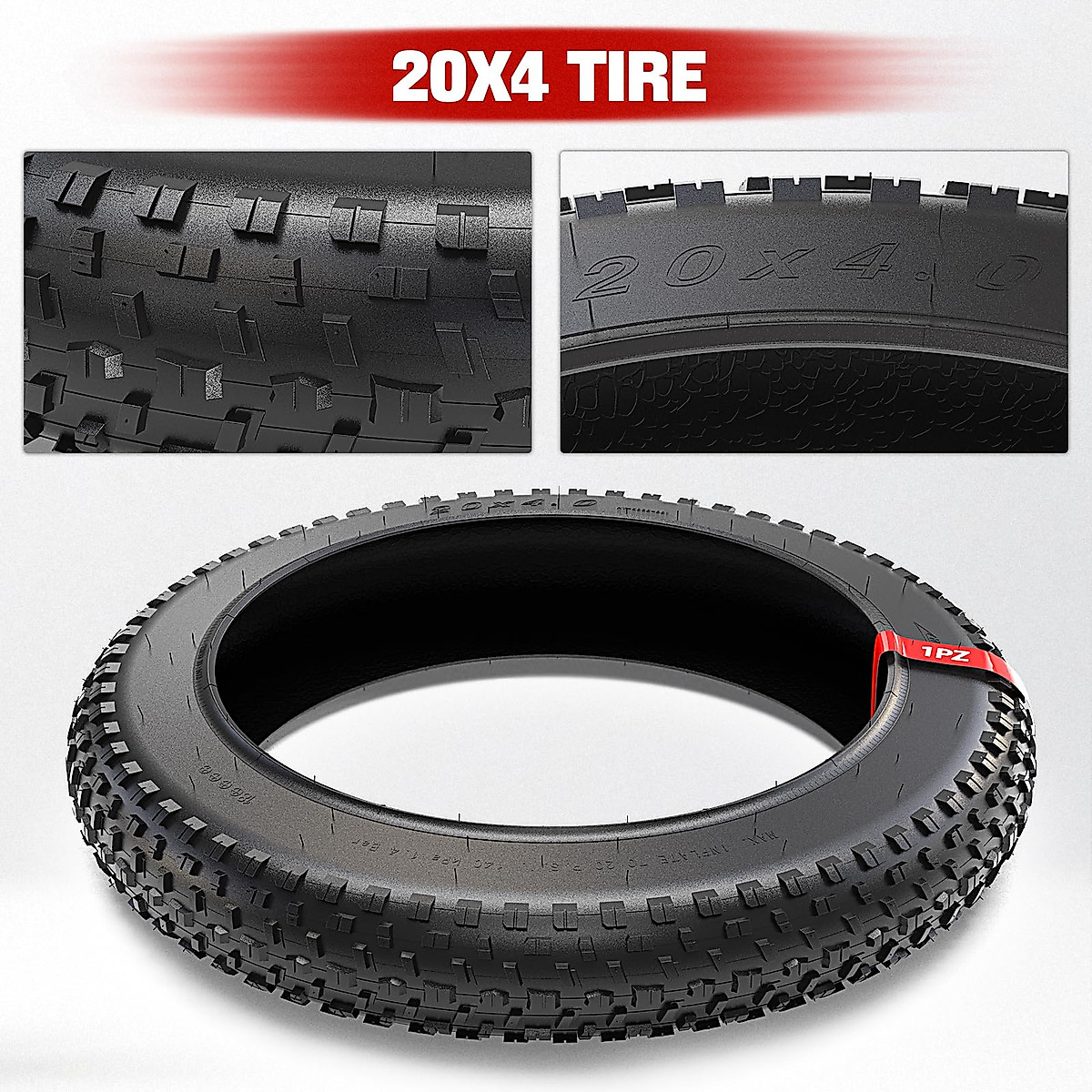 1PZ T20-X01 Fat Tire 20 x 4.0 Inch E-Bike Mountain Bicycle Tire Replacement for High-Performance Puncture-Resistant and All-Terrain Folding Electric MTB Tire with Offroad or Trail Riding