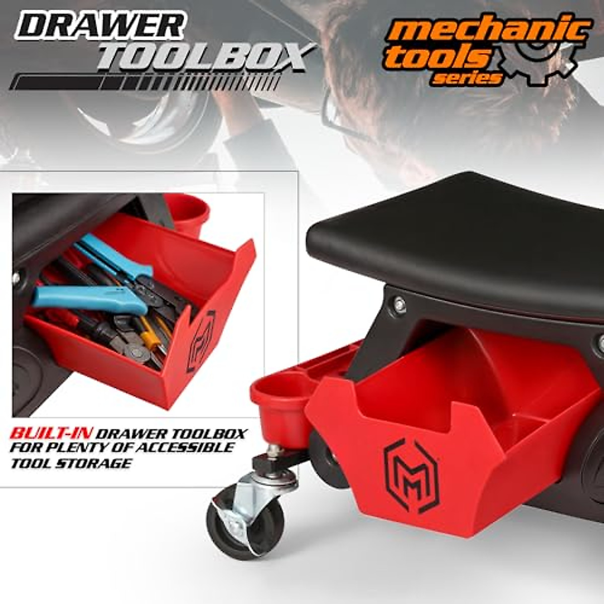 M-AUTO Rolling Mechanic Stool Garage Roller Chair Creeper Seat w/Storage Tool Tray and Drawers,300LBS Capacity Workbench Stool with Lockable Rollers for Home Garage DIY Automotive, 25" Red