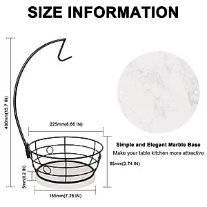 Livabber Countertop Fruit Basket Bowl with Banana Hanger, Modern Standing Fruit Vegetable Bowl Storage, with Banana Tree Holder for Kitchen Dinning Table (Round Marble, Black)