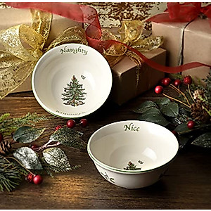 Spode Christmas Tree Collection Dip Bowls, set of 2, Naughty and Nice, Beige/Green, Ceramic Serving Bowl, Holiday Dishes, 4-Inches, Dishwasher and Microwave Safe