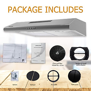 FIREGAS Under Cabinet Range Hood 30 inch, Ducted/Ductless Convertible Kitchen Hood Over Stove Vent, LED Light, 3 Speed Exhaust Fan, Reusable Aluminum Filters, Push Button, with Charcoal Filter