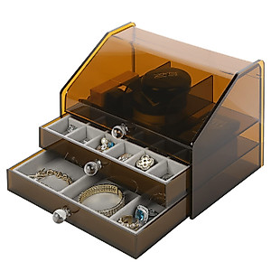 MyGift Amber Acrylic Jewelry Box, Modern Retro Style 2 Storage Drawer Ring, Necklace, Bracelet, Earring Organizer with Velvet Jewelry Tray Liners